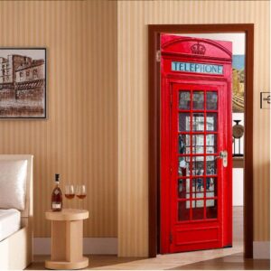 XIANGJUN Door Sticker Decor Removable Mural Wallpaper of PVC Art Sticker, London Red Phone Booth Wall Decal Art 3D Wallpaper