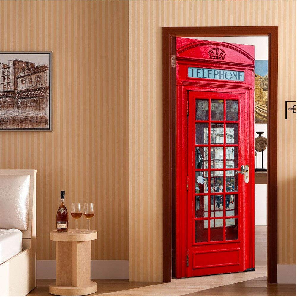 XIANGJUN Door Sticker Decor Removable Mural Wallpaper of PVC Art Sticker, London Red Phone Booth Wall Decal Art 3D Wallpaper