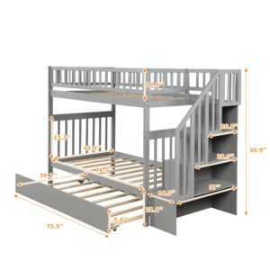 Merax Twin Over Twin Bunk Bed with Trundle, Storage Staircase and Full Length Guardrail, Solid Wood Stairway Bunk Bed, No Spring Box Needed (Grey)