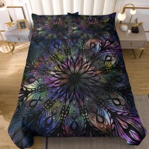 sleepwish 3pcs ancient geometric boho duvet cover set black purple mandala bedding set bohemian comforter cover soft microfiber (king)