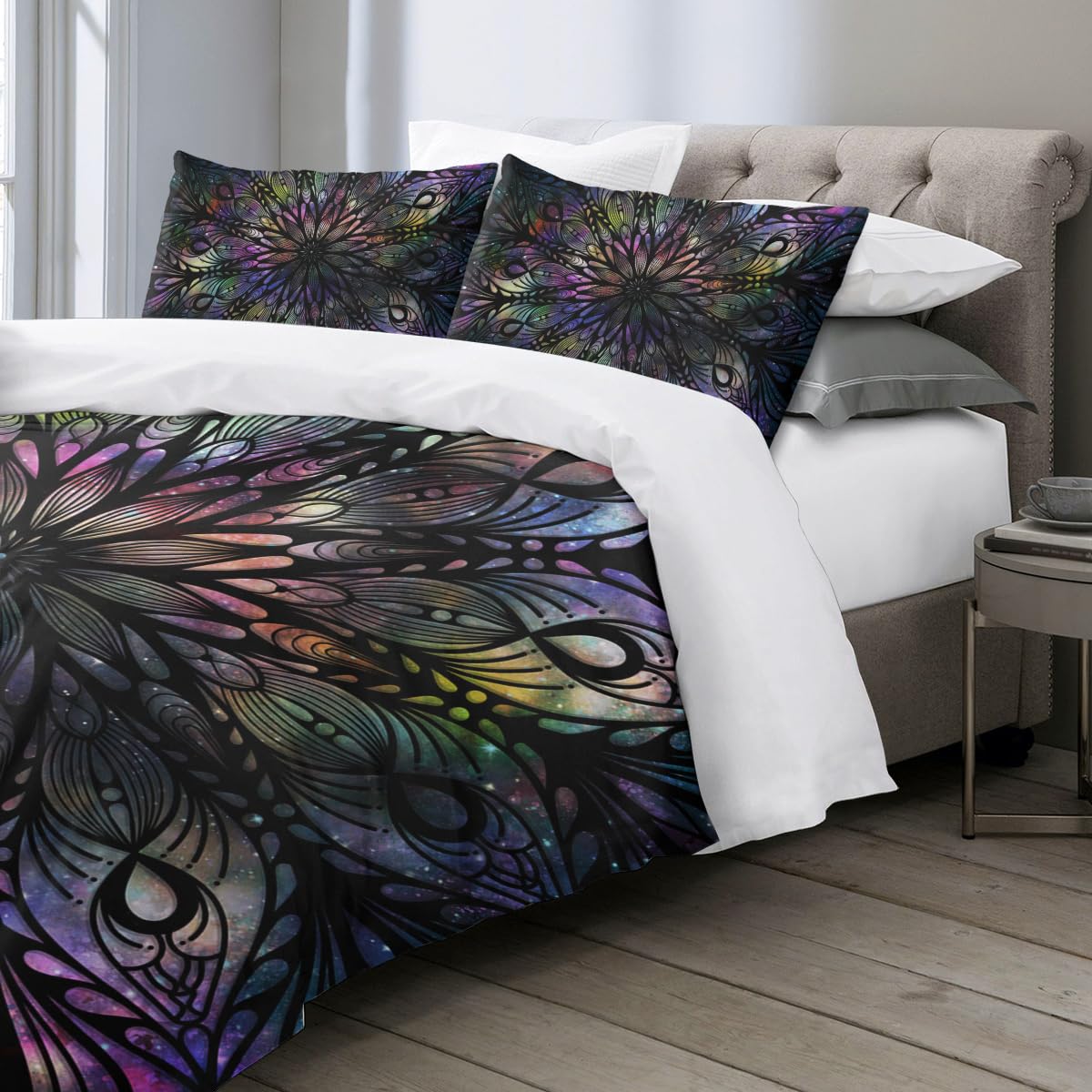 Sleepwish 3pcs Ancient Geometric Boho Duvet Cover Set Black Purple Mandala Bedding Set Bohemian Comforter Cover Soft Microfiber (King)