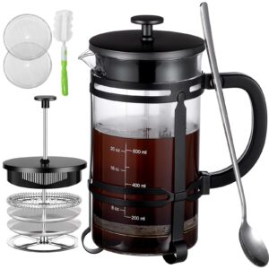 french press coffee maker (34 oz) with 4 filters - 304 durable stainless steel,heat resistant borosilicate glass coffee press,bpa free,black（include 1 cleaning brush,1spoon and 2 spare filter screen