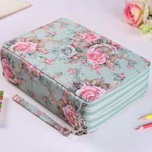 Shulaner 168 Slots Colored Pencil Case with Zipper Closure Large Capacity Oxford Pen Organizer Green Rose Pencil Holder for Artist