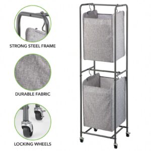 mDesign Vertical Stacked Laundry Hamper Basket with Wheels, Portable, 2 Removable Bags for Organizing Clothes, Laundry, Lights, Darks - Strong Metal Frame - Dark Gray