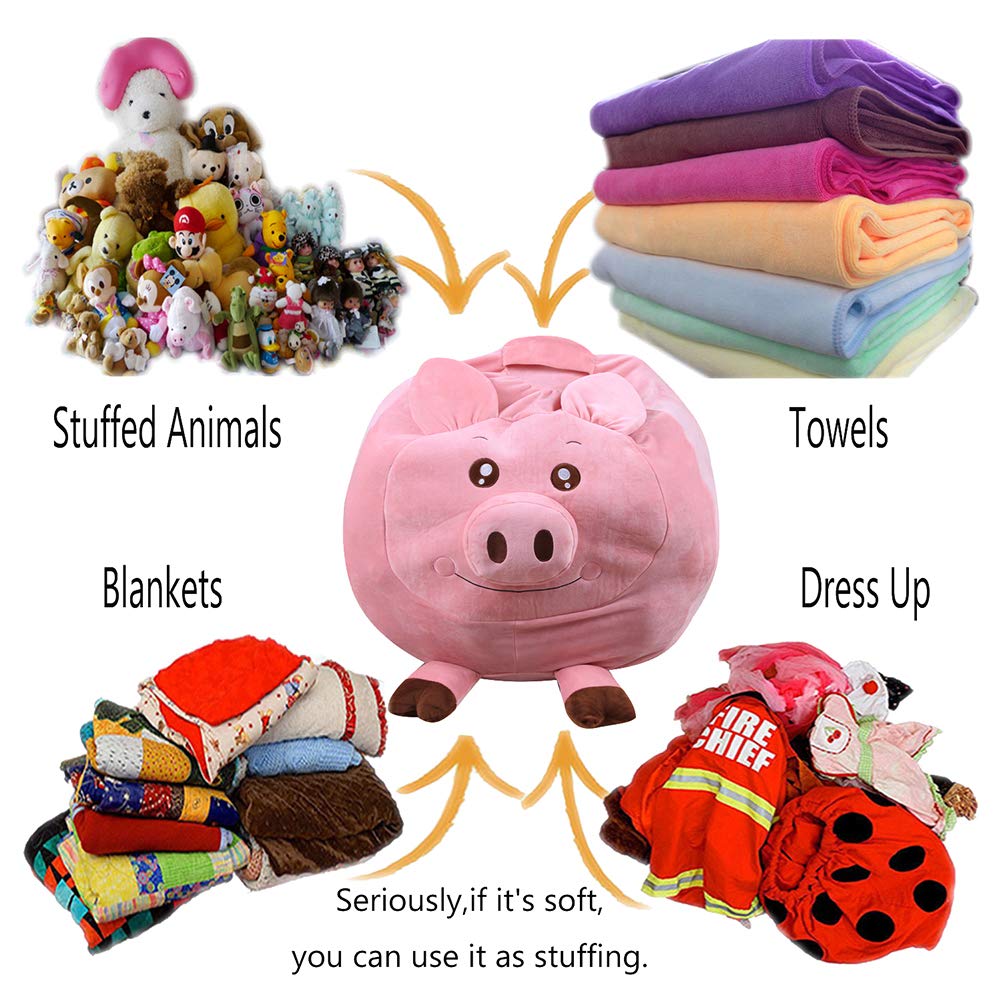 amropi Pig Stuffed Animal Toy Storage,Large Size Storage Bean Bag 24x24 Inch Velvet Extra Soft Stuffie Organization, Pink