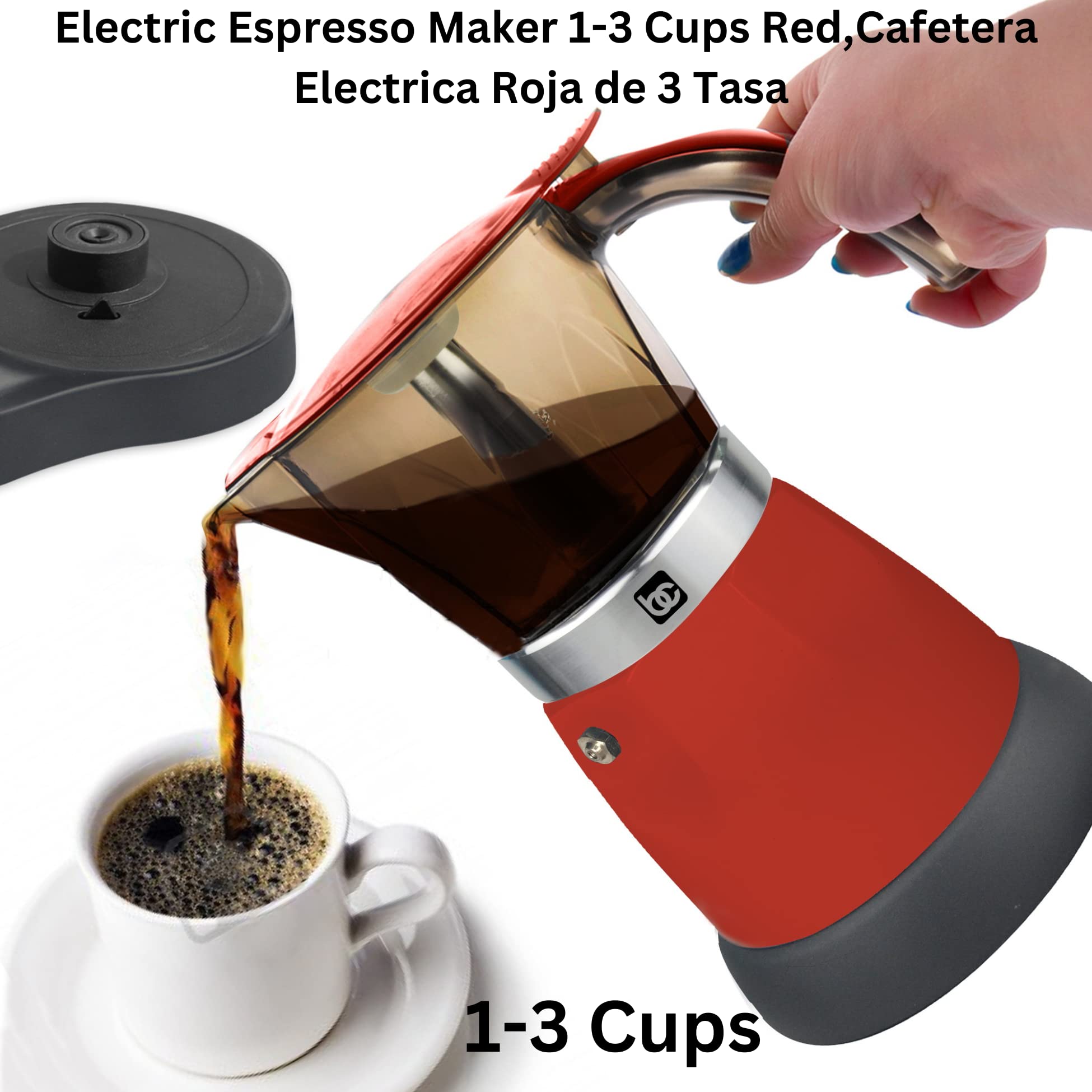 Bene Casa - Electric Espresso Maker 1-3 Cup Red, Cafetera Electrica Roja de 3 Tasa Model BC-95514.