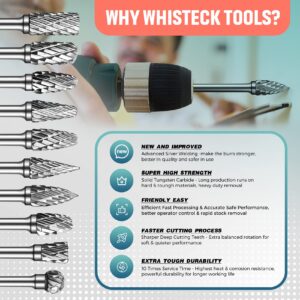 WHISTECK Carbide Rotary Burr Set - 10pcs Double Cut Tungsten Steel Die Grinder Bits, 1/8" Shank and 1/4" Head Length for Woodworking, Drilling, Metal Craving, Engraving, Polishing