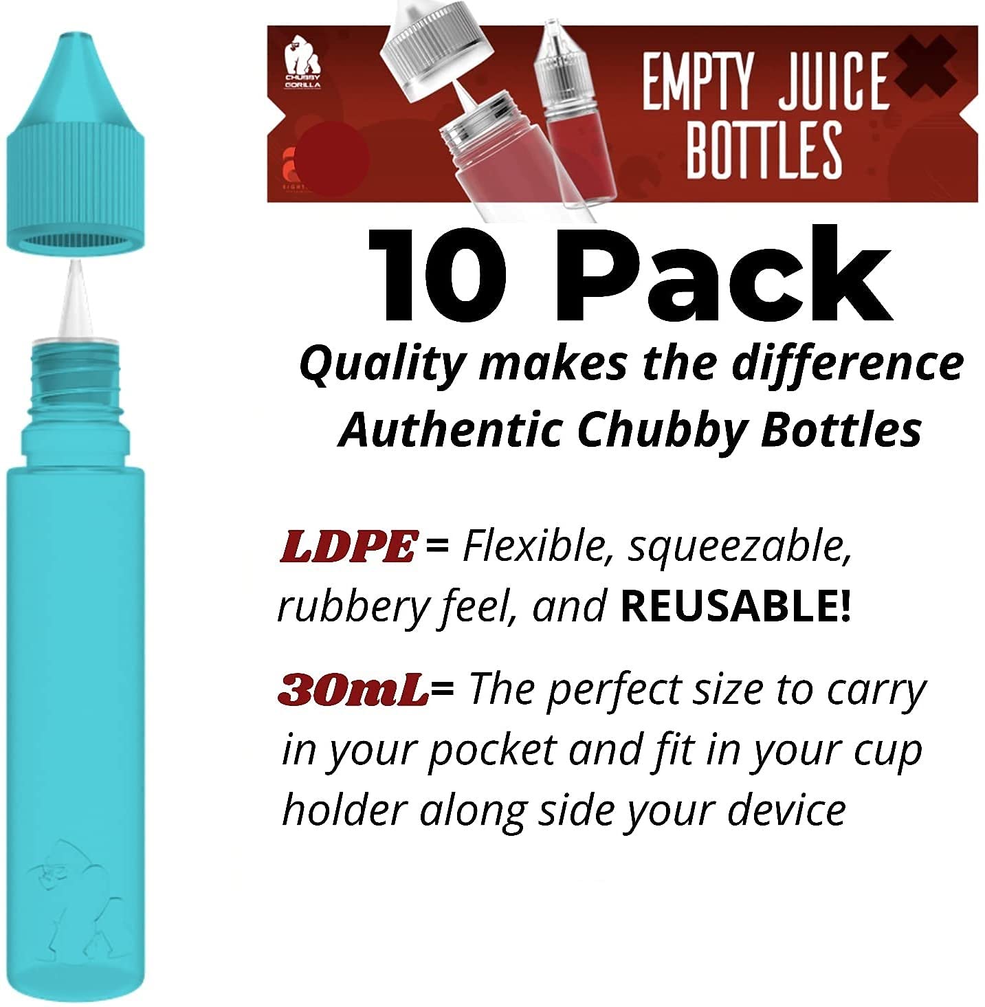 30ml Chubby Gorilla LDPE PET Plastic Unicorn Squeeze Bottle (10 Pack) Dropper bottle (Transparent Blue) REUSABLE, Child Resistant Cap, Easy Drip Tip Applicator Dropper Bottles with Squeeze Dropper