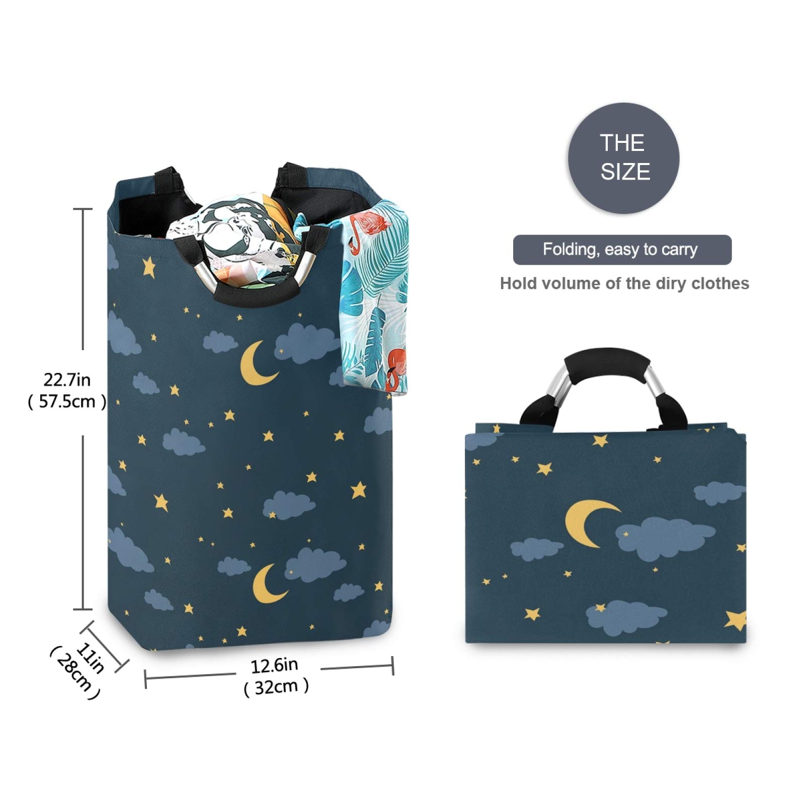 ALAZA Large Laundry Hamper Basket Night Sky with Moon Stars and Cloud Laundry Bag Collapsible Oxford Cloth Stylish Home Storage Bin with Handles, 22.7 Inch