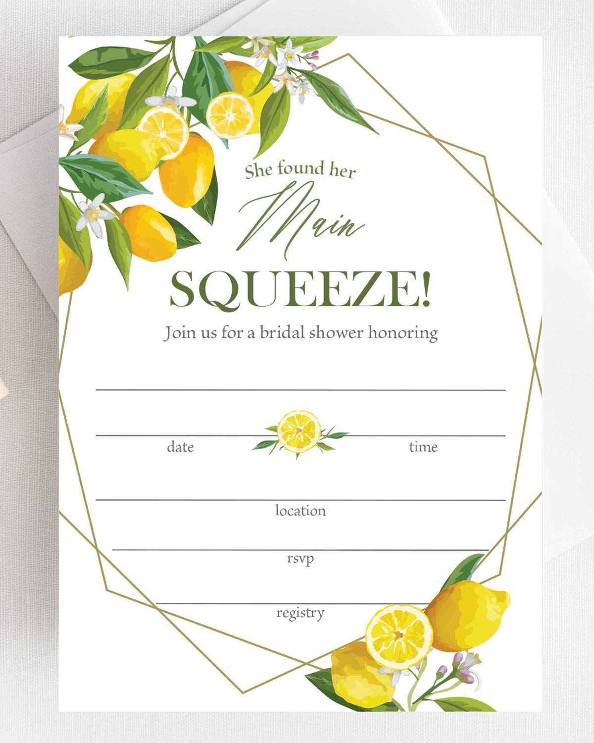 Moonrise Papery Set of 25 Lemon Theme Bridal Shower Invitations with Envelopes — Main Squeeze Bridal Shower Invitations with Envelopes