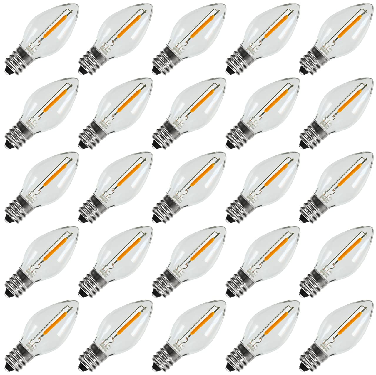 KGC C7 Christmas Replacement LED Light Bulbs - 0.6W Equivalent to 7W, Warm White 2200K, Waterproof Clear Plastic Night Light Bulbs, C7 E12 Candelabra Base for Christmas String Light (25 Pack)