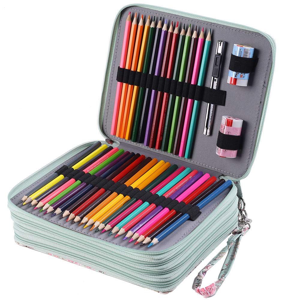 Shulaner 168 Slots Colored Pencil Case with Zipper Closure Large Capacity Oxford Pen Organizer Green Rose Pencil Holder for Artist