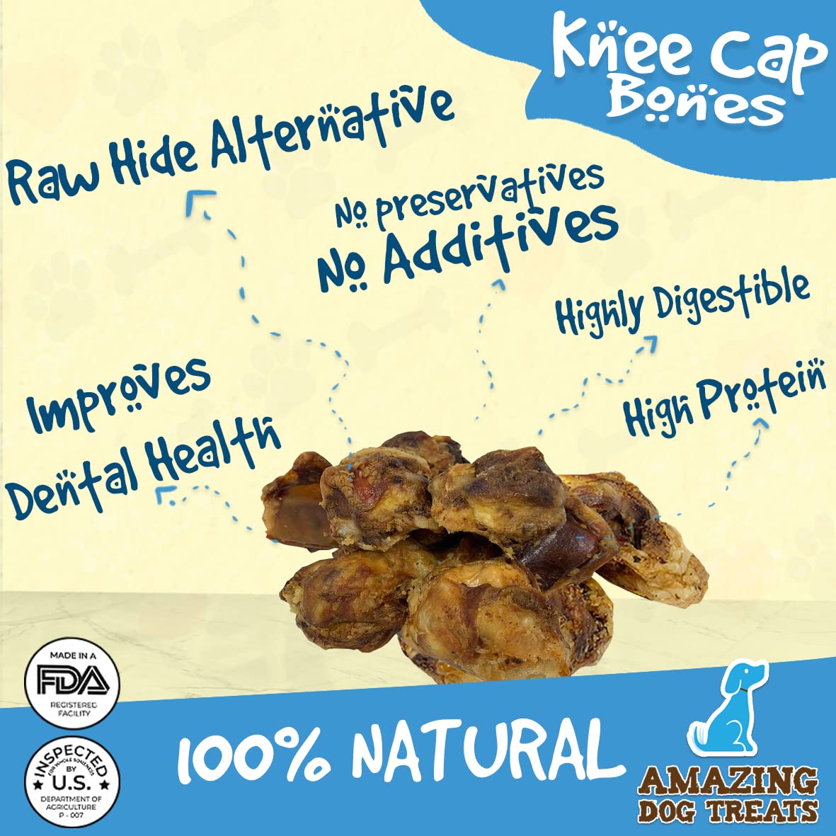 Amazing Dog Treats - Meaty Knee Cap Bones (5 Count) - Sourced from Premium Grass Fed Cattle - Knee Cap Bones for Dogs - Long Lasting Dog Chew Bones - Smoked Tasty Dog Bones for Aggressive Chewers