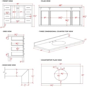 DKB Beckford Bathroom Vanity 49" White with 1.5" Edge Pure White Quartz Countertop & Backsplash, Center Oval Sink, 2 Soft Closing Doors, 9 Full Extension Dovetail Drawers, Brushed Nickel