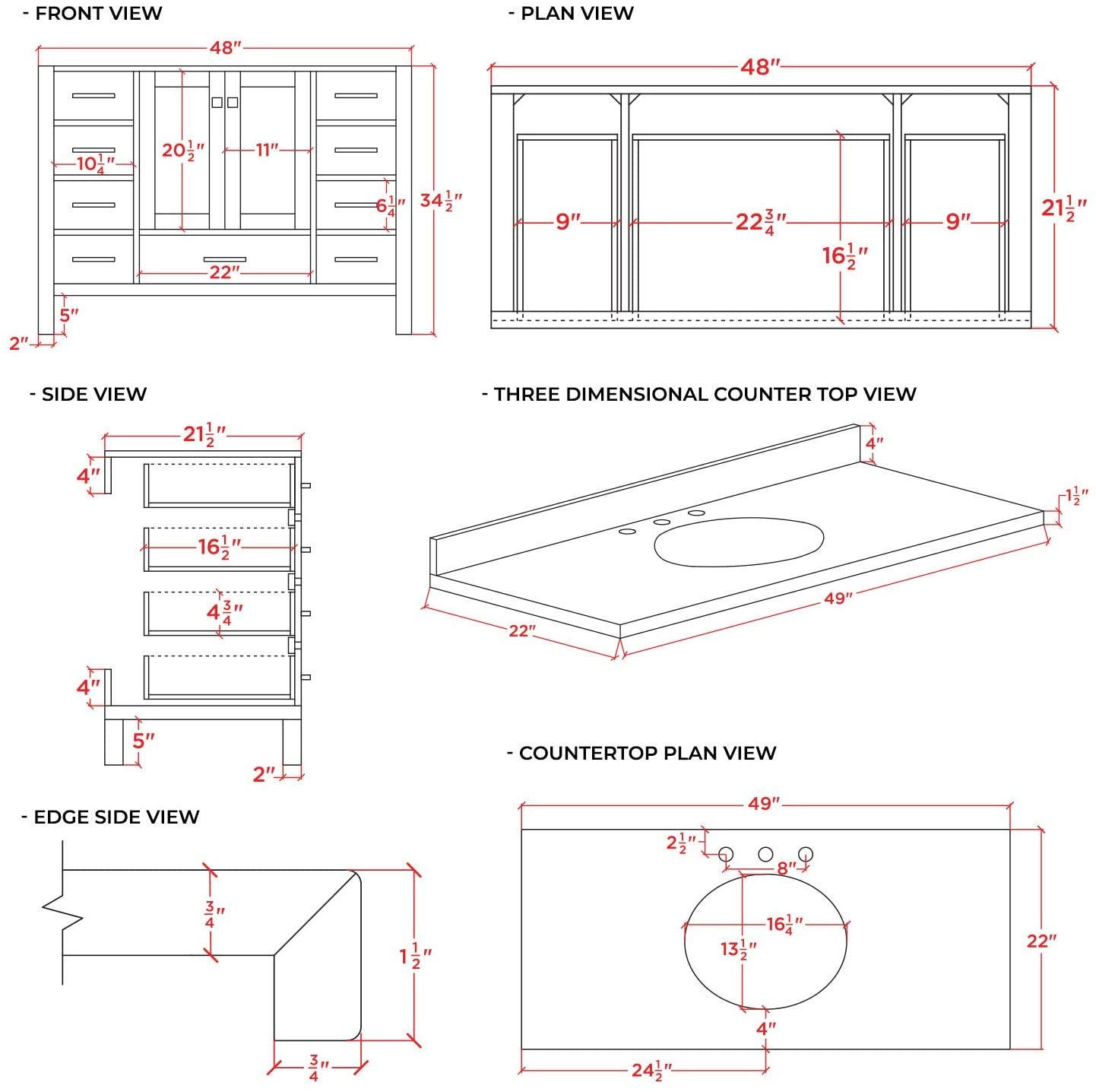 DKB Beckford Bathroom Vanity 49" White with 1.5" Edge Pure White Quartz Countertop & Backsplash, Center Oval Sink, 2 Soft Closing Doors, 9 Full Extension Dovetail Drawers, Brushed Nickel