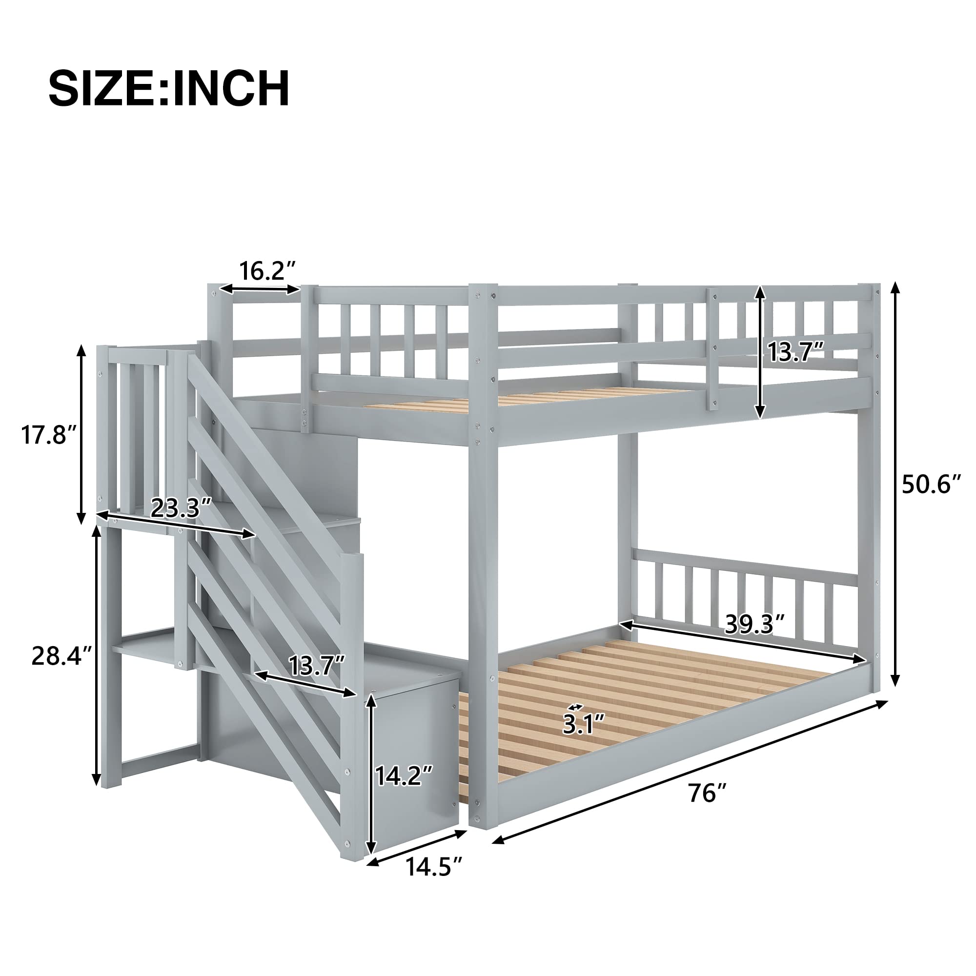 Harper & Bright Designs Low Bunk Beds Twin Over Twin Size, Solid Wood Bunk Bed with Storage and Guardrail for Kids and Toddler