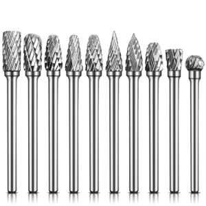 whisteck carbide rotary burr set - 10pcs double cut tungsten steel die grinder bits, 1/8" shank and 1/4" head length for woodworking, drilling, metal craving, engraving, polishing