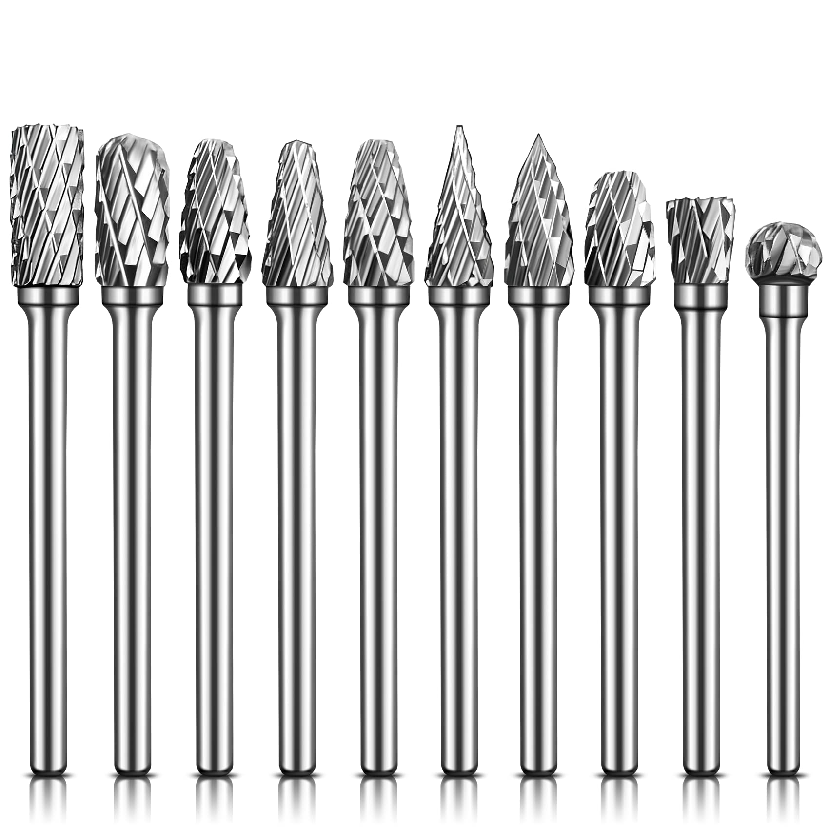 WHISTECK Carbide Rotary Burr Set - 10pcs Double Cut Tungsten Steel Die Grinder Bits, 1/8" Shank and 1/4" Head Length for Woodworking, Drilling, Metal Craving, Engraving, Polishing