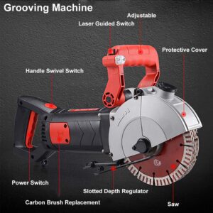 Wall Grooving Machine, Channels Cutter, Concrete Cutting Machine for Cutting Slotting Marble Concrete Grooves 110V(Red)