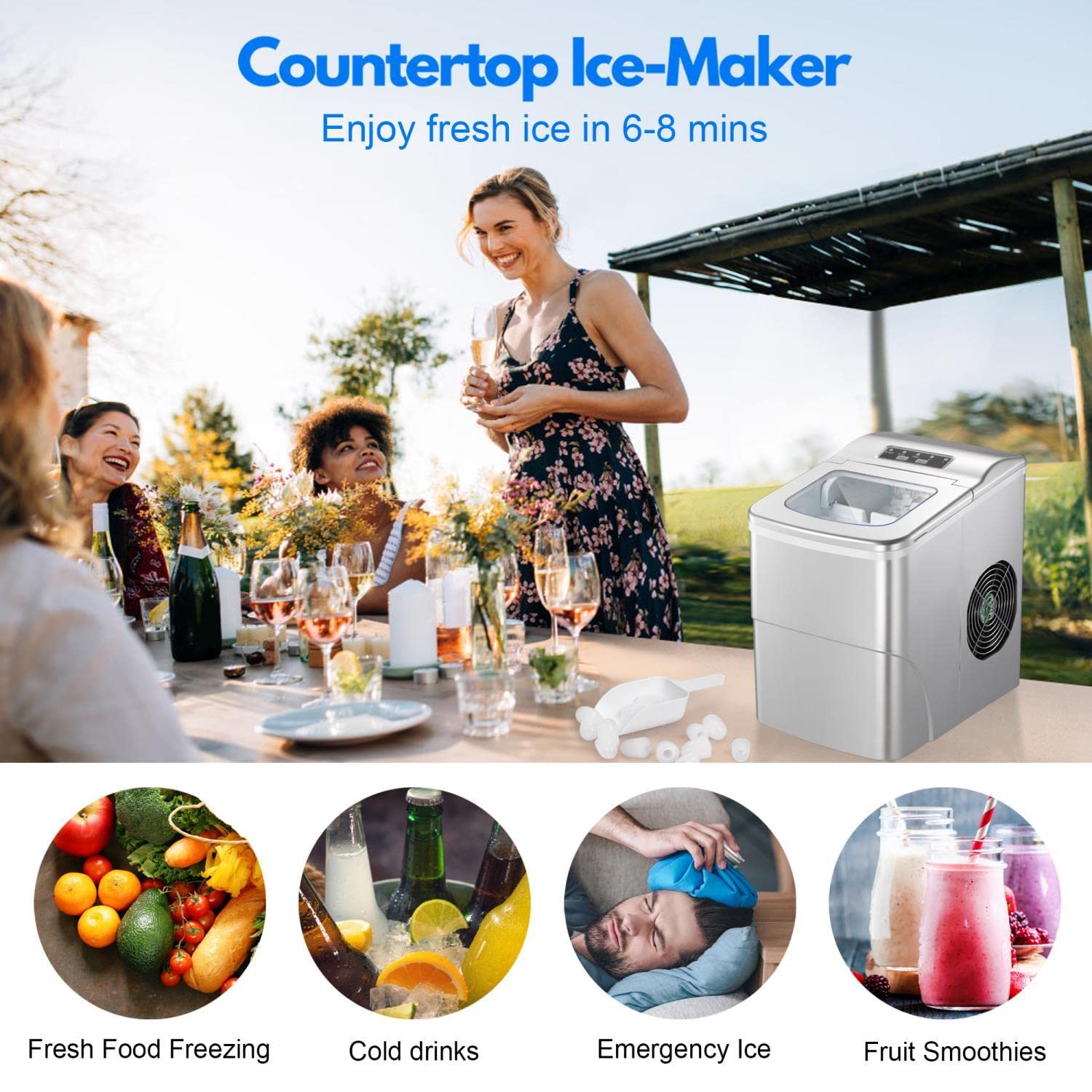 OKADA Countertop Portable Ice Maker Machine - 9 Ice Cubes Ready in 6 Mins - Makes 26 lbs Ice in 24 hrs - Electric Ice Making Machine with Removable Basket and Ice Scoop (Sliver)