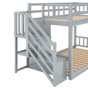 Harper & Bright Designs Low Bunk Beds Twin Over Twin Size, Solid Wood Bunk Bed with Storage and Guardrail for Kids and Toddler