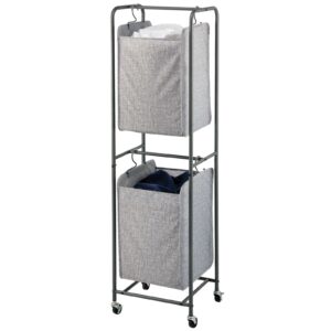 mdesign vertical stacked laundry hamper basket with wheels, portable, 2 removable bags for organizing clothes, laundry, lights, darks - strong metal frame - dark gray