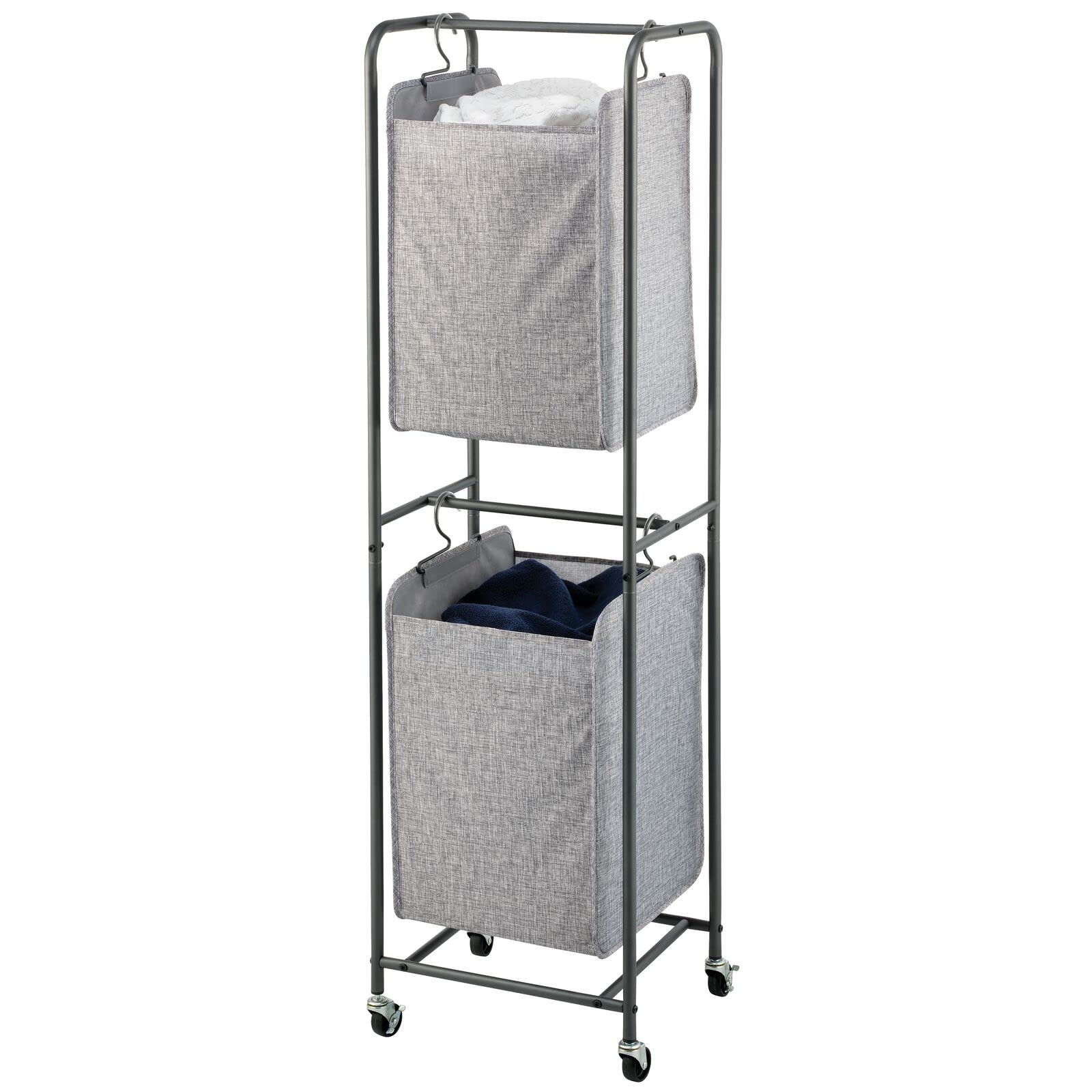 mDesign Vertical Stacked Laundry Hamper Basket with Wheels, Portable, 2 Removable Bags for Organizing Clothes, Laundry, Lights, Darks - Strong Metal Frame - Dark Gray