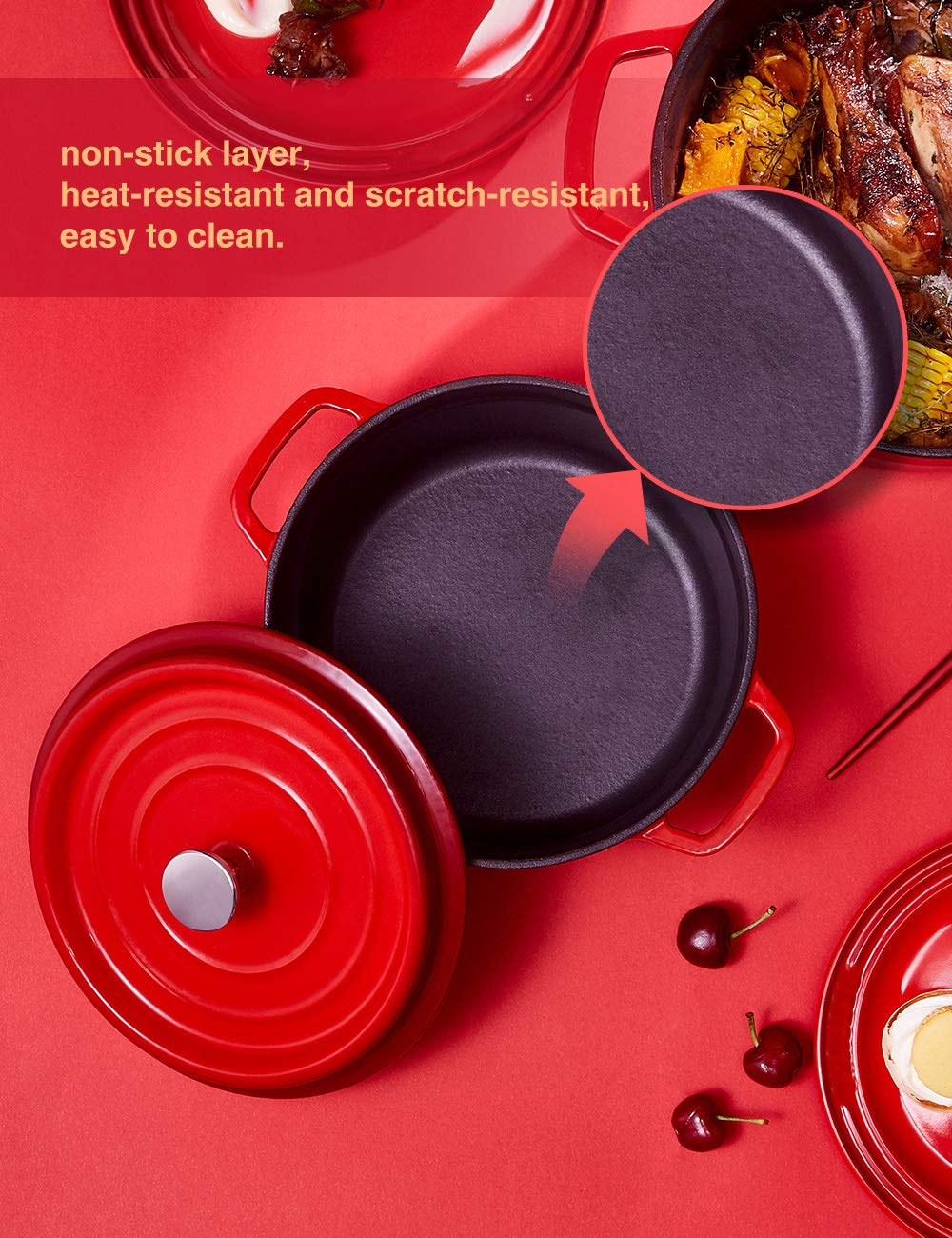 SULIVES Enameled Cast Iron Dutch Oven Non-Stick Cookware Pot with Lid Suitable for Bread Baking Use on Gas Electric Oven 1.5 Quart, Red