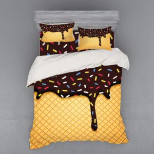 ambesonne ice cream duvet cover set, waffle chocolate flavor dessert delicious yummy backdrop graphic, 4 piece bedding set with shams and fitted sheet, queen size, dark brown mustard