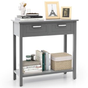 giantex console table with drawers, entry table, narrow sofa table with open storage shelf, wood legs, foyer table, entryway table for office, living room, hallway, couch table(gray)