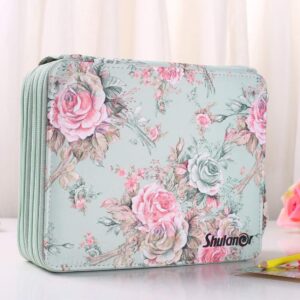 Shulaner 168 Slots Colored Pencil Case with Zipper Closure Large Capacity Oxford Pen Organizer Green Rose Pencil Holder for Artist