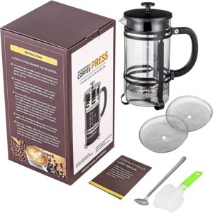 French Press Coffee Maker (34 oz) with 4 Filters - 304 Durable Stainless Steel,Heat Resistant Borosilicate Glass Coffee Press,BPA Free,Black（include 1 cleaning brush,1spoon and 2 spare filter screen