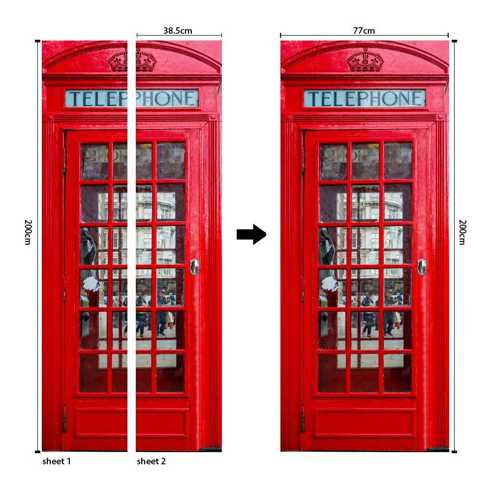 XIANGJUN Door Sticker Decor Removable Mural Wallpaper of PVC Art Sticker, London Red Phone Booth Wall Decal Art 3D Wallpaper