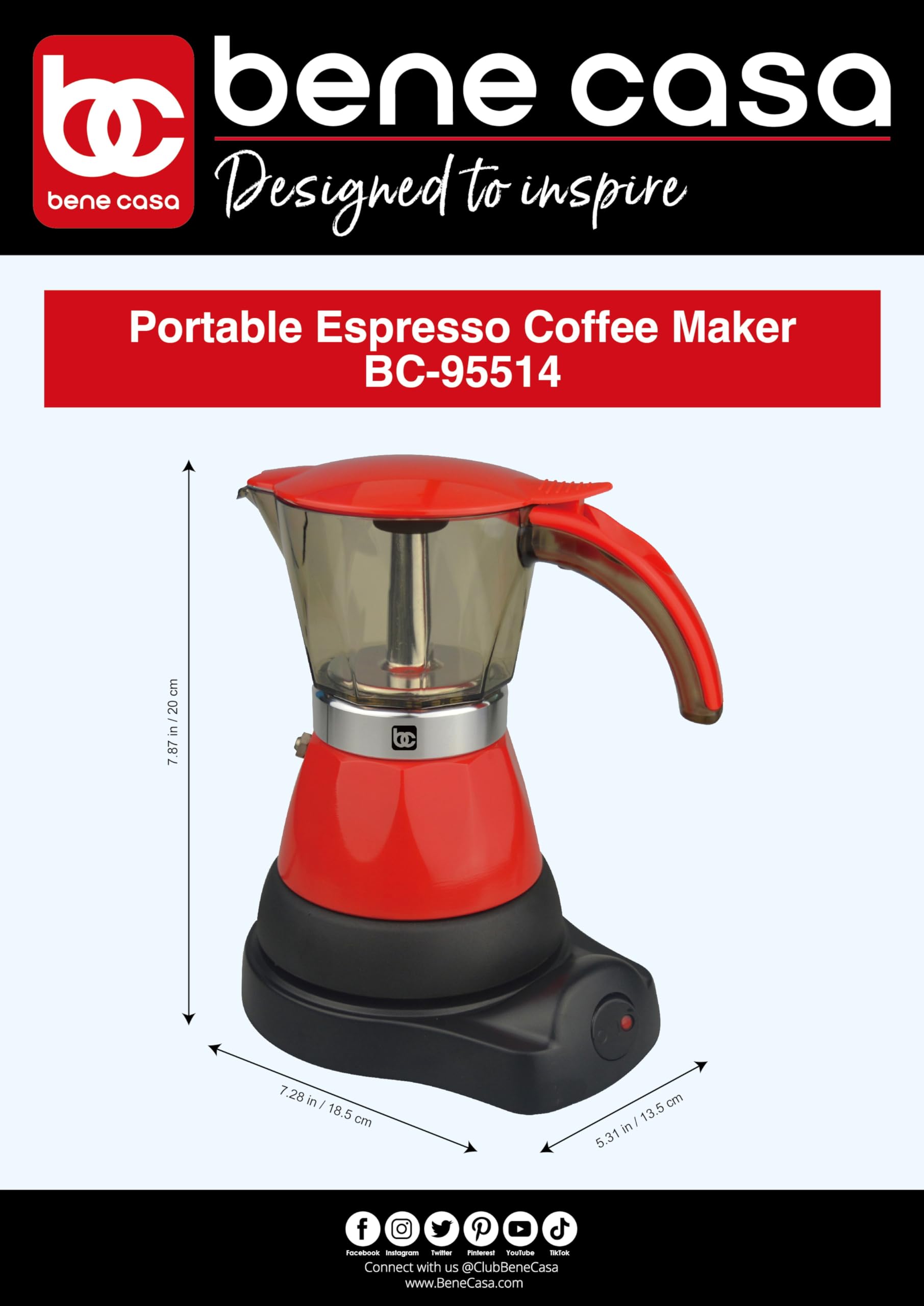 Bene Casa - Electric Espresso Maker 1-3 Cup Red, Cafetera Electrica Roja de 3 Tasa Model BC-95514.