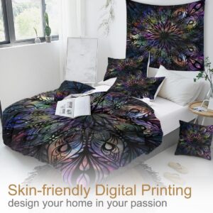 Sleepwish 3pcs Ancient Geometric Boho Duvet Cover Set Black Purple Mandala Bedding Set Bohemian Comforter Cover Soft Microfiber (King)