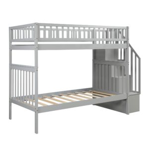 Merax Twin Over Twin Bunk Bed with Trundle, Storage Staircase and Full Length Guardrail, Solid Wood Stairway Bunk Bed, No Spring Box Needed (Grey)