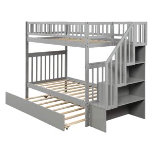 Merax Twin Over Twin Bunk Bed with Trundle, Storage Staircase and Full Length Guardrail, Solid Wood Stairway Bunk Bed, No Spring Box Needed (Grey)