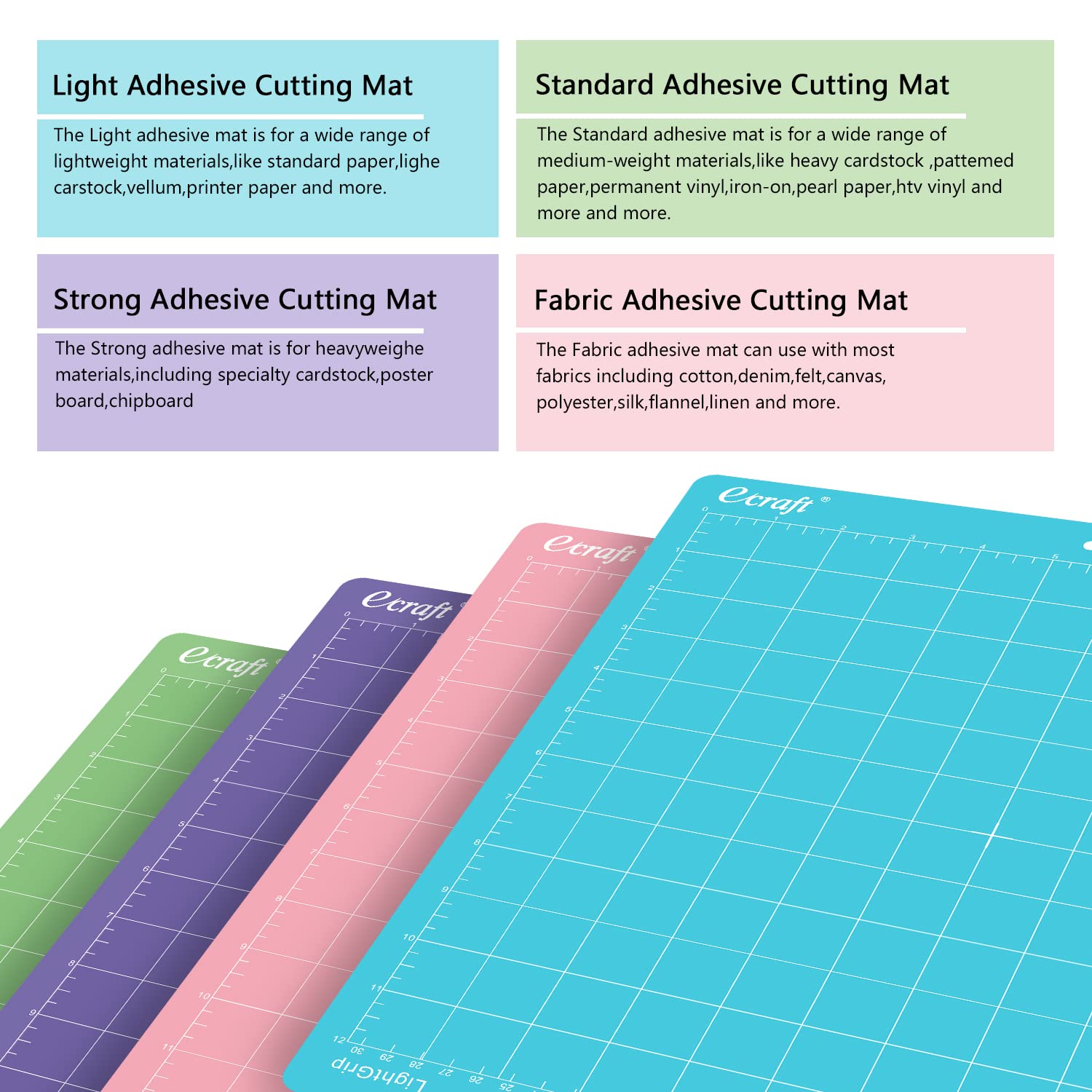 Ecraft 12"X12" Cutting Mat For Cricut - Include (Strong/Standard/Light) Adhesive Sticky (3 pack) Flexible Square Gridded Quilting Cut Mats Replacement for Crafts、Sewing and All Arts.（Variety)