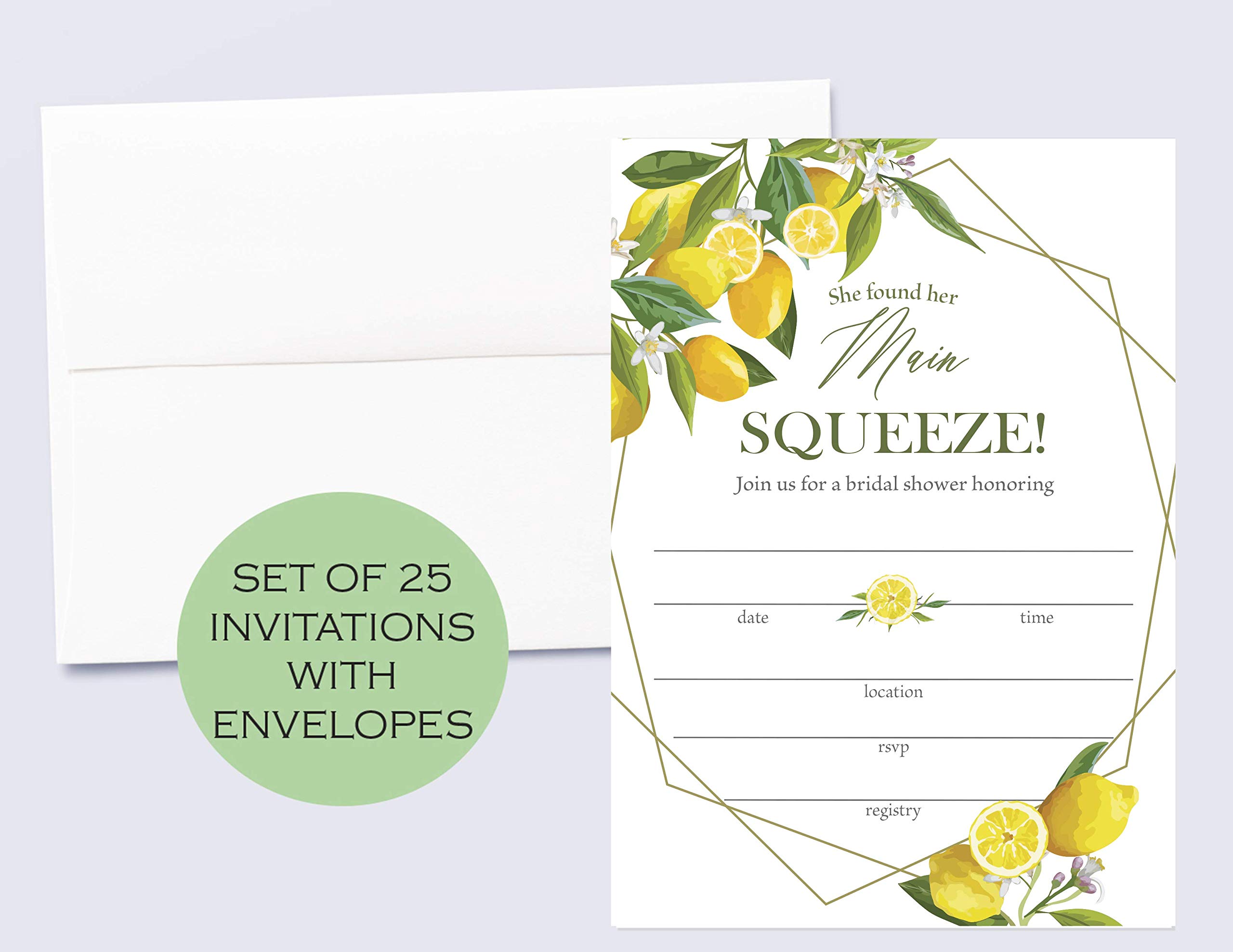 Moonrise Papery Set of 25 Lemon Theme Bridal Shower Invitations with Envelopes — Main Squeeze Bridal Shower Invitations with Envelopes