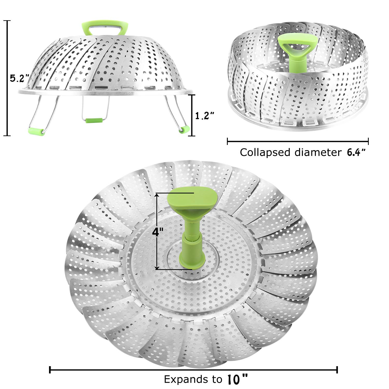 Consevisen Vegetable Steamer Basket for Cooking Food, Stainless Steel Veggie Steam Basket for Pot, Folding Expandable Steaming Insert with Extendable Handle Fits Various Size Pot, 6.4" to 10"