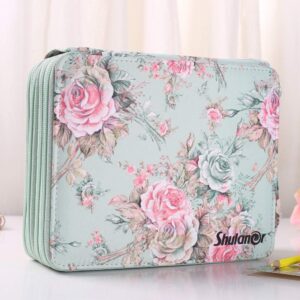 Shulaner 168 Slots Colored Pencil Case with Zipper Closure Large Capacity Oxford Pen Organizer Green Rose Pencil Holder for Artist