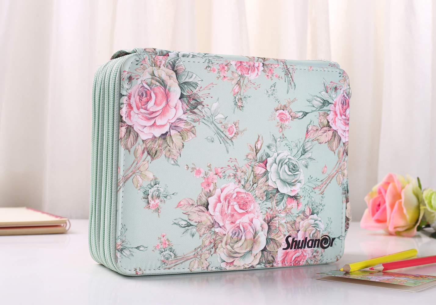 Shulaner 168 Slots Colored Pencil Case with Zipper Closure Large Capacity Oxford Pen Organizer Green Rose Pencil Holder for Artist