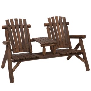 outsunny 2-seat wooden adirondack chair, patio bench with table, outdoor loveseat fire pit chair for porch, backyard, deck, carbonized