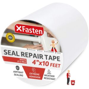 xfasten waterproof patch and seal tape, white, 4-inch by 10-foot roof and gutter rubber repair tape for stop leak repair on gutter, roof, boat, pool liner and hvac – waterproof and puncture-resistant