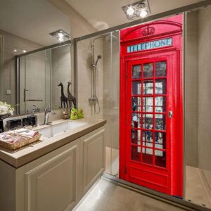 XIANGJUN Door Sticker Decor Removable Mural Wallpaper of PVC Art Sticker, London Red Phone Booth Wall Decal Art 3D Wallpaper