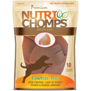 nutrichomps dog chews, ear-shaped, easy to digest, rawhide-free dog treats, 10 count, real chicken flavor