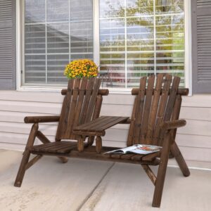 Outsunny 2-Seat Wooden Adirondack Chair, Patio Bench with Table, Outdoor Loveseat Fire Pit Chair for Porch, Backyard, Deck, Carbonized