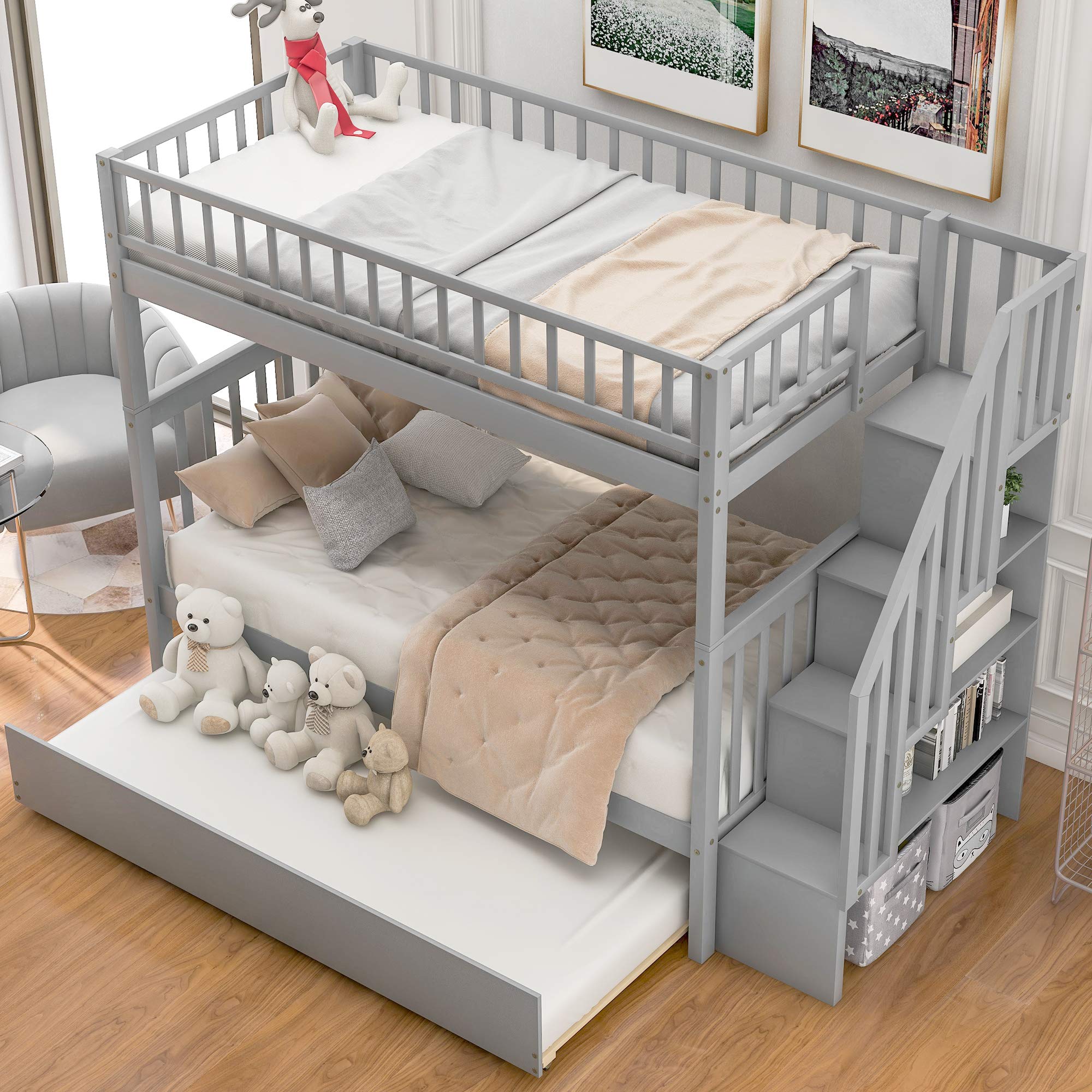 Merax Twin Over Twin Bunk Bed with Trundle, Storage Staircase and Full Length Guardrail, Solid Wood Stairway Bunk Bed, No Spring Box Needed (Grey)