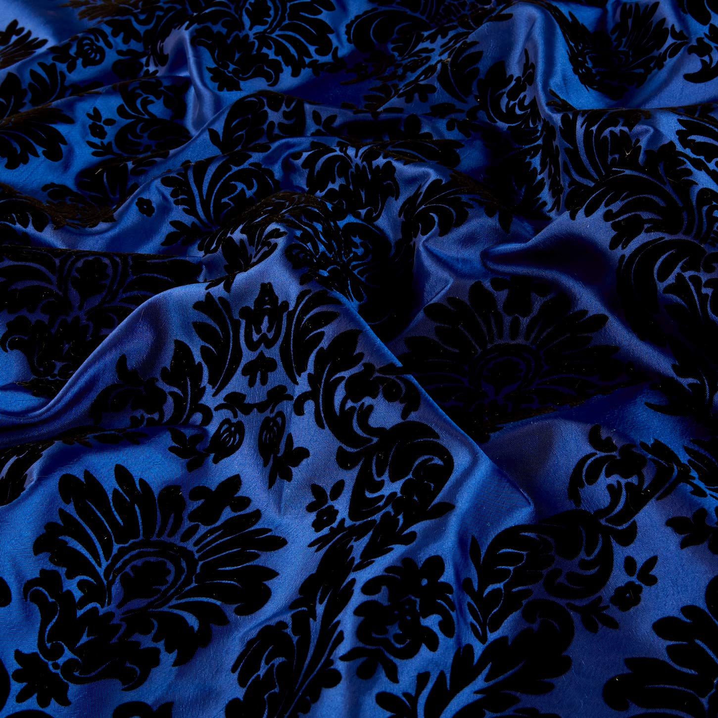 Flocked Damask Taffeta Royal/Black, Fabric by the Yard