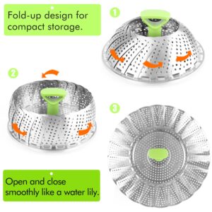 Consevisen Vegetable Steamer Basket for Cooking Food, Stainless Steel Veggie Steam Basket for Pot, Folding Expandable Steaming Insert with Extendable Handle Fits Various Size Pot, 6.4" to 10"